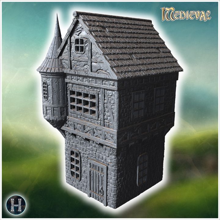 3D Printable Tall medieval building with a turret, stone walls, and a ...