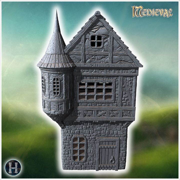 3D Printable Tall medieval building with a turret, stone walls, and a ...