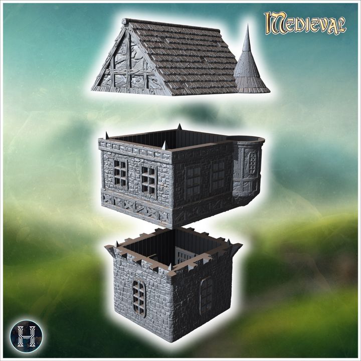 3D Printable Tall medieval building with a turret, stone walls, and a ...