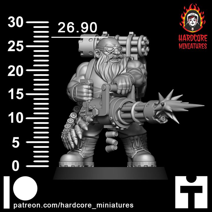 3D Printable Space Dwarf with Minigun Firing by Hardcore Miniatures