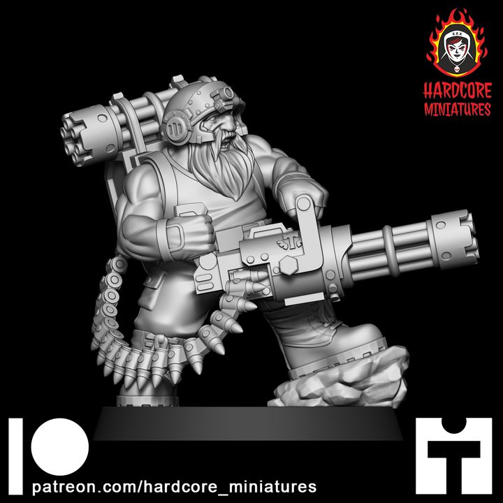 3D Printable Space Dwarf with Minigun Aiming by Hardcore Miniatures