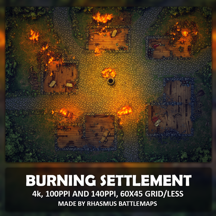 3D Printable Burning Settlement Map + Animated Map by Rhasmus Battlemaps