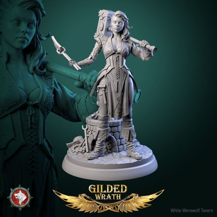 3D Printable Myra Forgeheart, 32mm and 75mm pre-supported + DnD 5e stat ...
