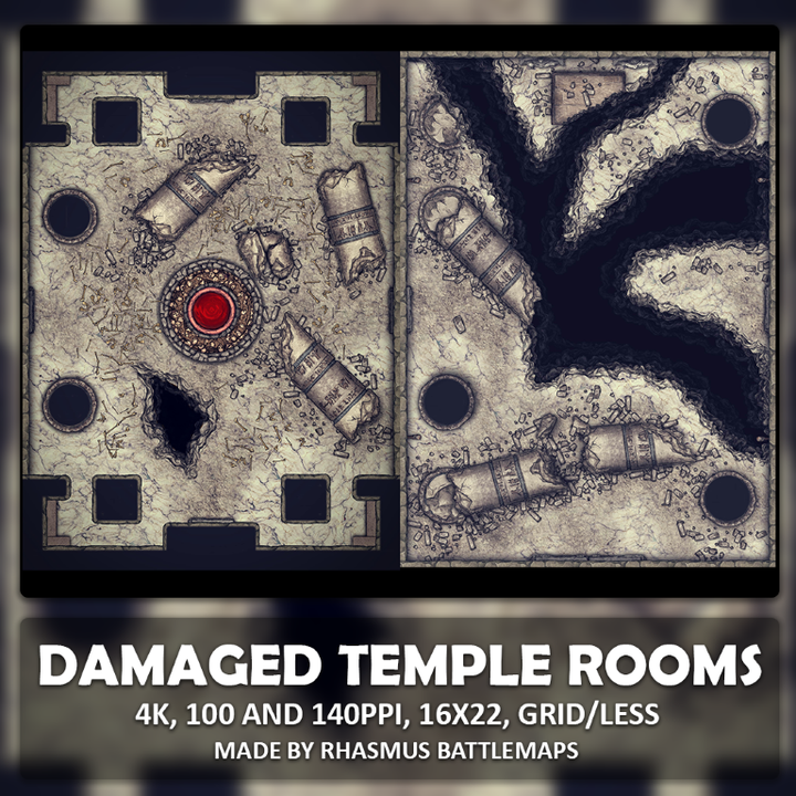 3D Printable Damaged Temple Rooms Map by Rhasmus Battlemaps