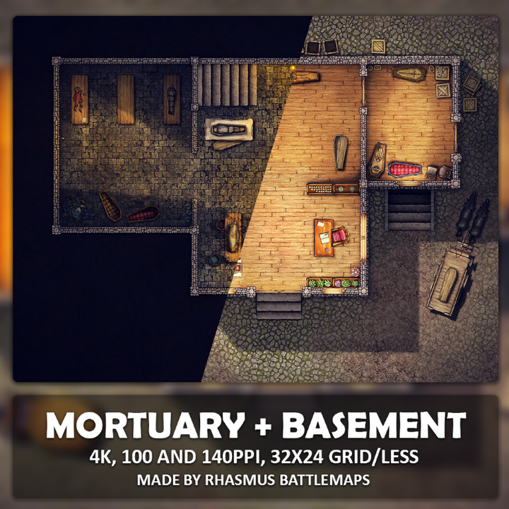 3D Printable Mortuary + Basement Map by Rhasmus Battlemaps