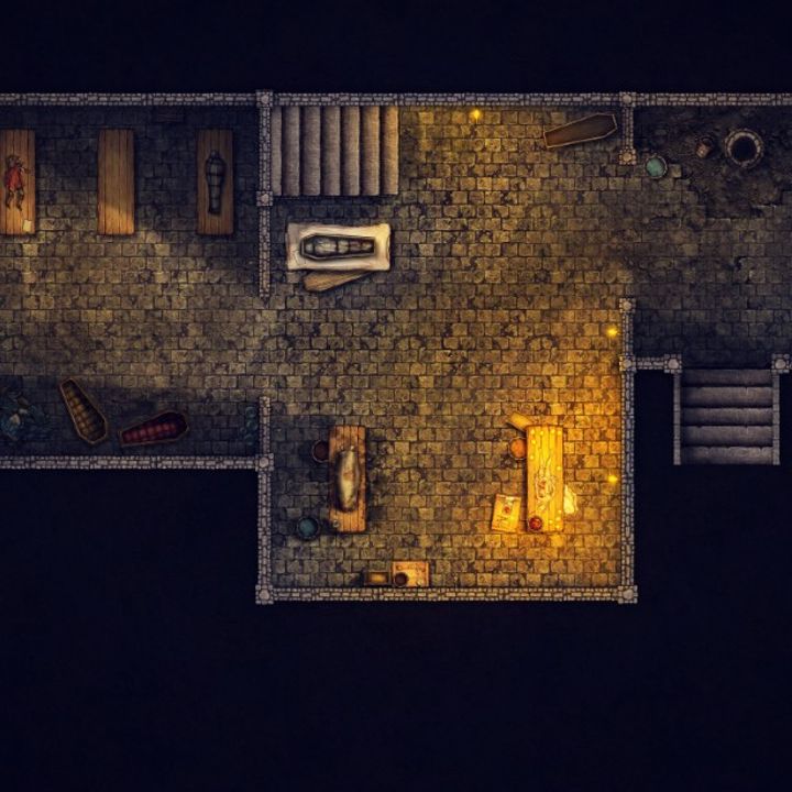 3D Printable Mortuary + Basement Map by Rhasmus Battlemaps