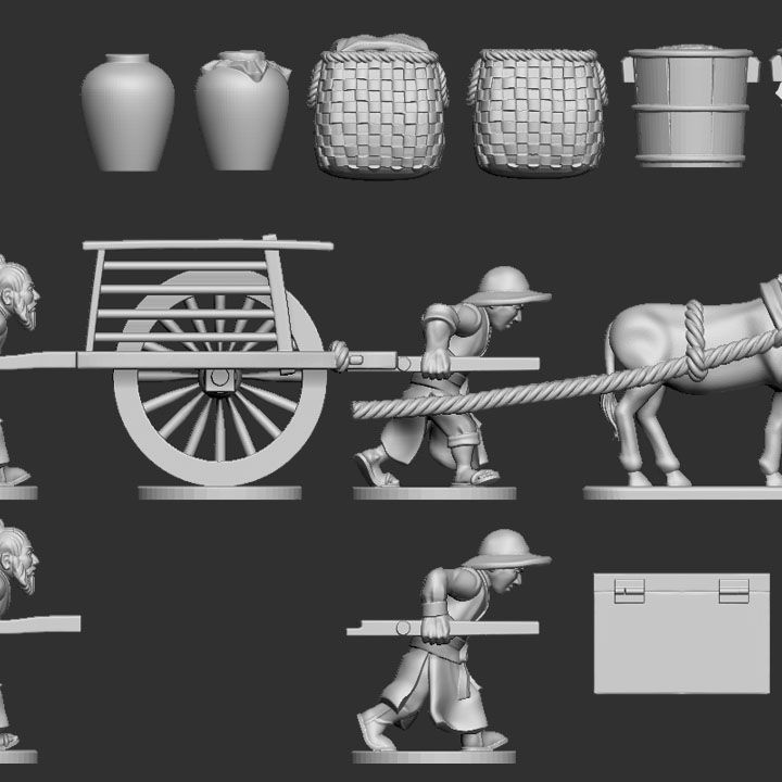 3D Printable 10mm Chinese Wheelbarrow Set A by Ten Kingdoms Miniatures