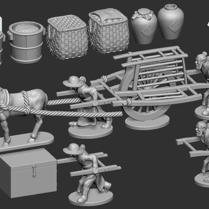 3D Printable 28mm Chinese Wheelbarrow Set A by Ten Kingdoms Miniatures
