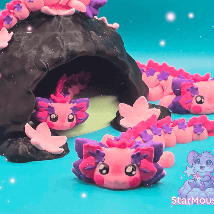 3D Printable Blossom Axolotl Family Flexis + Cave Home by StarMouse3D