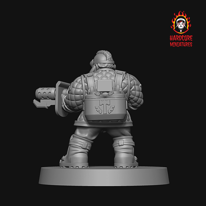 3D Printable Space Dwarf Veteran with Flamer 2 by Hardcore Miniatures
