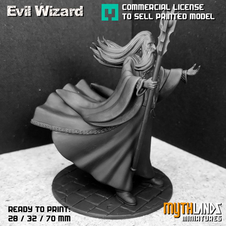 3D Printable EVIL WIZARD - COMMERCIAL LICENSE by Mythlands Miniatures