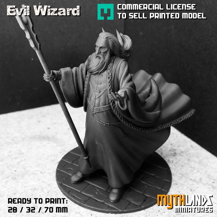 3D Printable EVIL WIZARD - COMMERCIAL LICENSE by Mythlands Miniatures