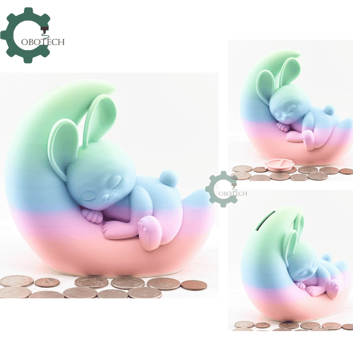 3D Printable Cobotech Dreamy Bunny On Crescent Moon Piggy Bank - Desk ...