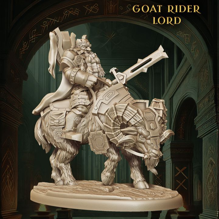 3D Printable Dwarf Lord Goat Rider - Army of Chaos: Dwarfs by Monolith Arts