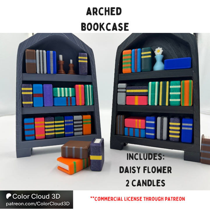 3D Printable Arched Bookcase with Books and Accessories by ColorCloud3D