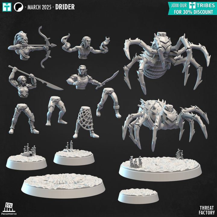 3D Printable Four Drider & four Drow warriors (Modular) by Threat Factory
