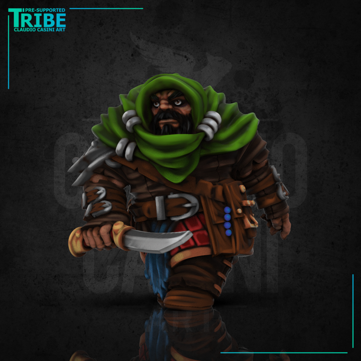 3D Printable (0177 Colors) Male dwarf rogue thief with a cape and knife ...