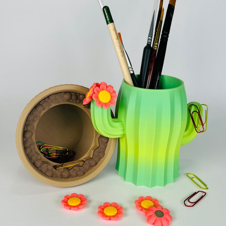3D Printable Cactus Desk Organizer 🌵 , Desk, Magnetic Flowers (Optional ...