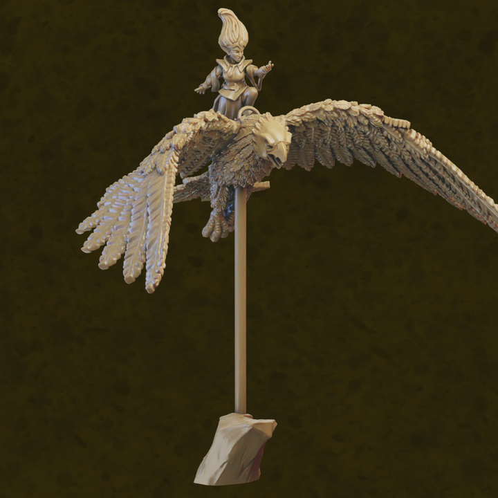 3D Printable Wood Elf Mage on Great Eagle (32mm, modular) by Juhász Gergely