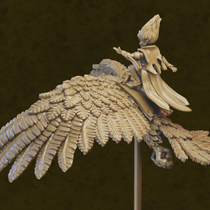 3D Printable Wood Elf Mage on Great Eagle (32mm, modular) by Juhász Gergely