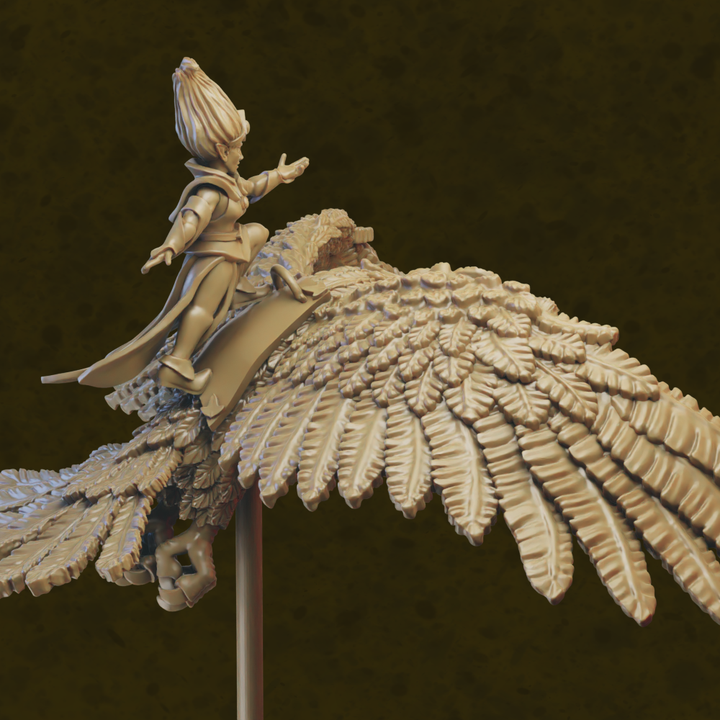3D Printable Wood Elf Mage on Great Eagle (32mm, modular) by Juhász Gergely