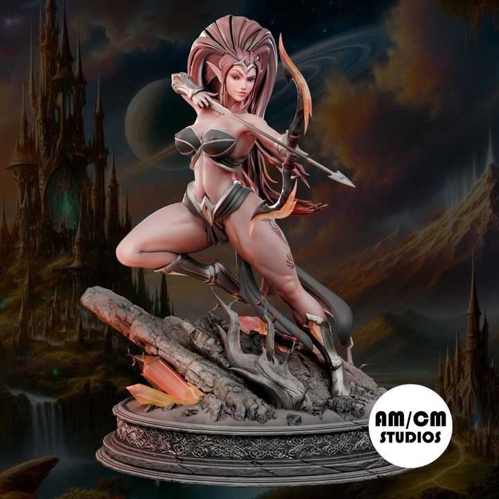 3D Printable Lirae Asharrow: 3d printable archer elf Pin-Up (Personal use) by AMCM Studios