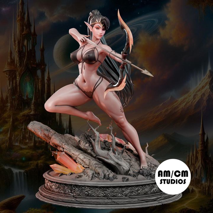 3D Printable Lirae Asharrow: 3d printable archer elf Pin-Up (Personal use) by AMCM Studios