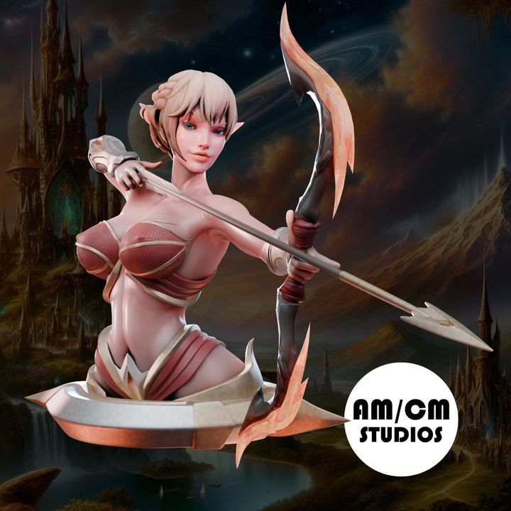 3D Printable Lirae Asharrow: 3d printable archer elf Pin-Up (Personal use) by AMCM Studios