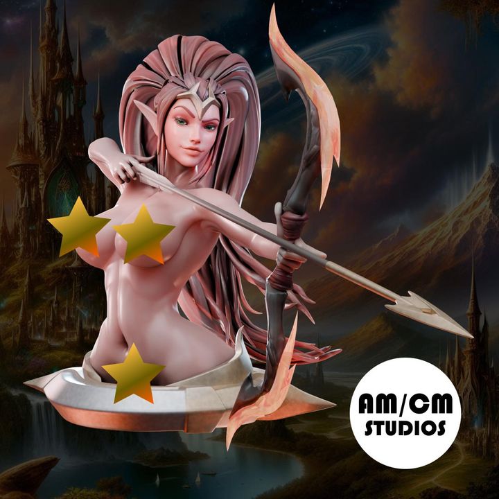 3D Printable Lirae Asharrow: 3d printable archer elf Pin-Up (Personal use) by AMCM Studios