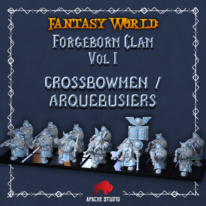 3D Printable Forgeborn Clan: Crossbowmen - Arquebusiers (dwarf unit) by Apache-Studio