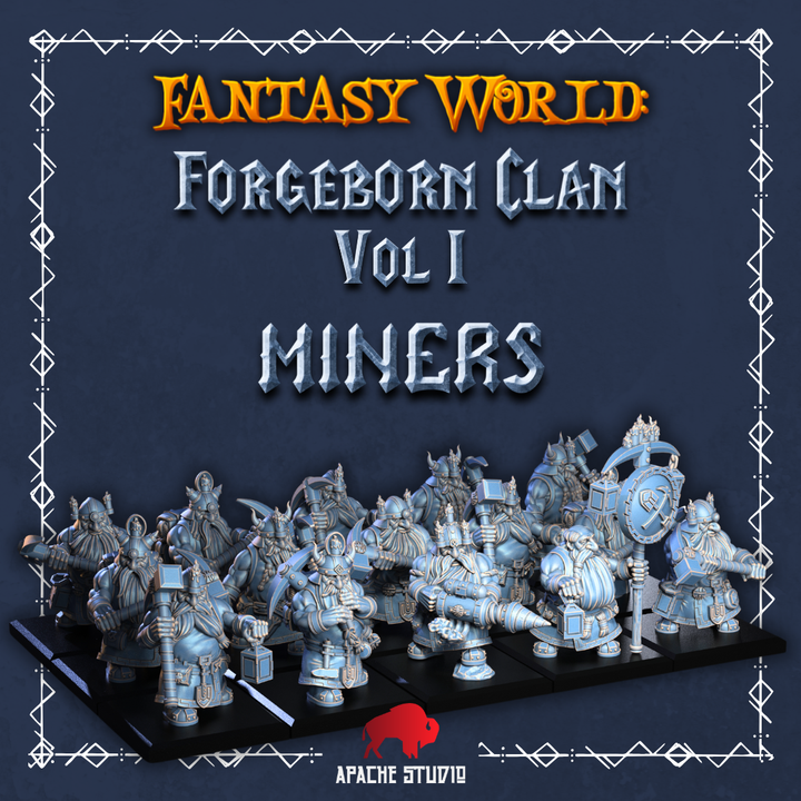 3D Printable Forgeborn Clan: Miners (dwarf unit) by Apache-Studio