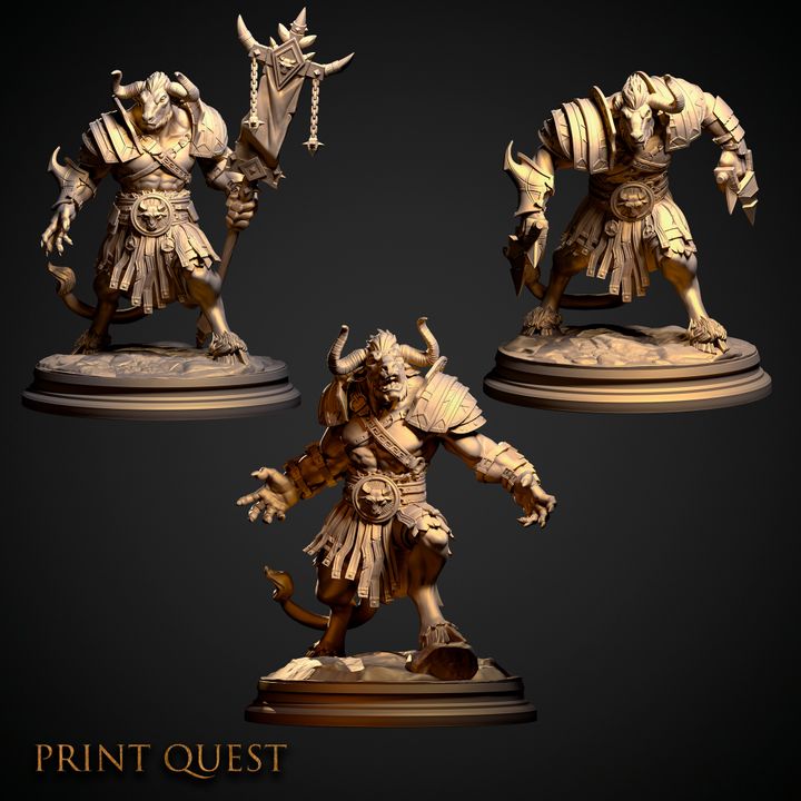 3D Printable Minotaurs Set, 3 miniatures 32mm and 75mm. by Print Quest