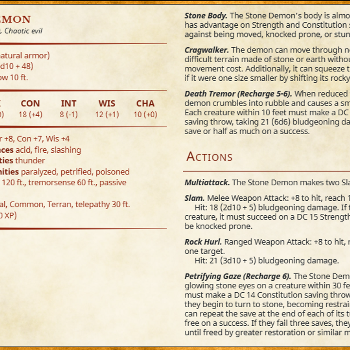 3D Printable Stone Demon 5e - With stat block - Unsupported by Sl33PYbeast