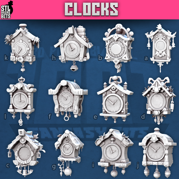 3D Printable 1001 Fantasy Bits - Clocks by STL Mini Bits
