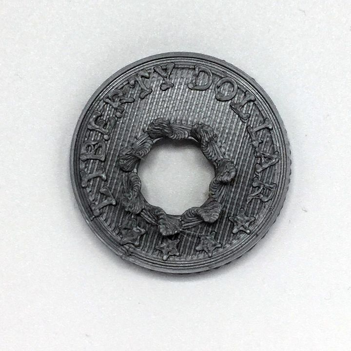 3D Printable Bullet Hole Liberty Dollar Coin by Pete Ruttman