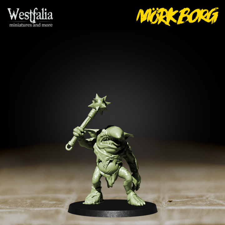3D Printable Mork Borg - Goblin with Mace by Trench Stench