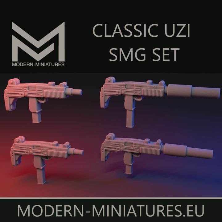 3D Printable Classic UZI Submachine gun weapon set. by Modern-Miniatures.eu