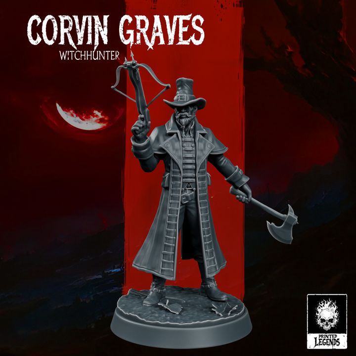 3D Printable Witch Hunter - Corvin Graves (25mm Base) by Printed Legends