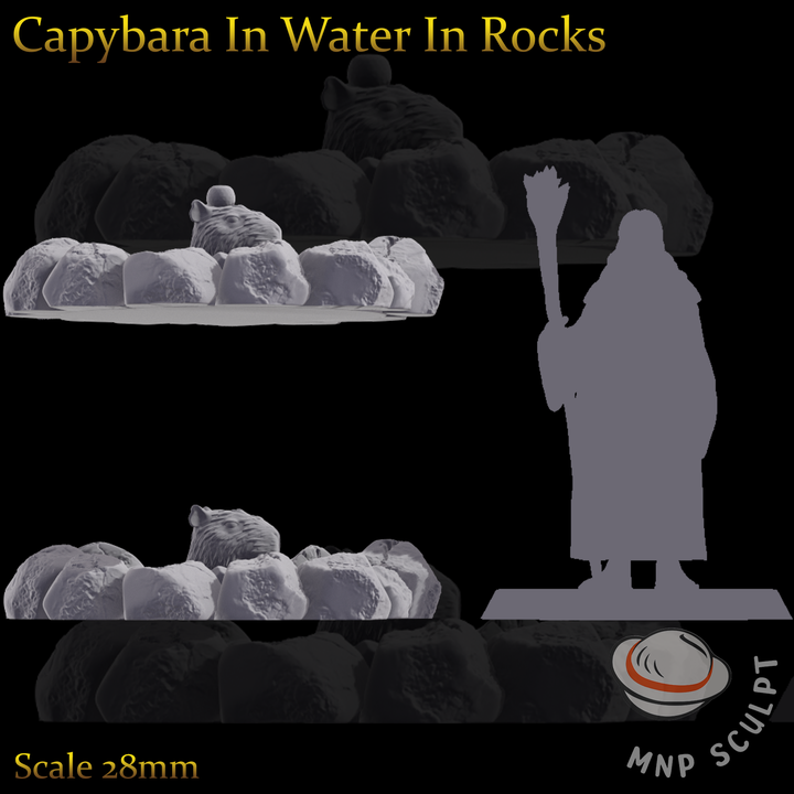 3D Printable Capybara In Water In Rocks by MNP Sculpt