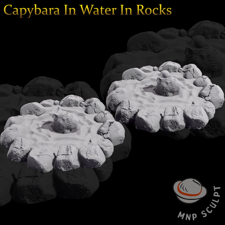 3D Printable Capybara In Water In Rocks by MNP Sculpt