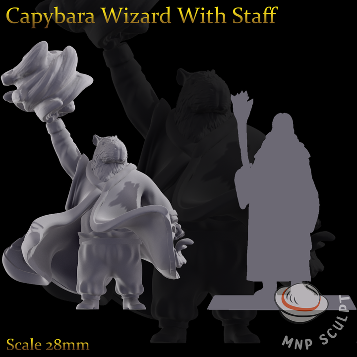 3D Printable Capybara Wizard With Staff by MNP Sculpt