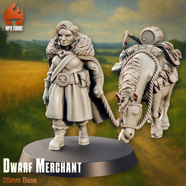 3D Printable Dwarf Merchant with Pony - Presupported by NPC Forge