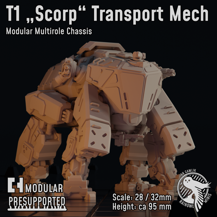 3D Printable T1 "Scorp" Modular Transport Mech by Rainowl Minis