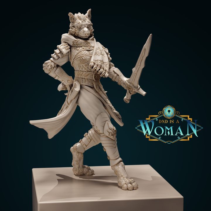 3D Printable Tabaxi Fighter - Sandrim - 28/32mm and 75mm by DnD is a Woman