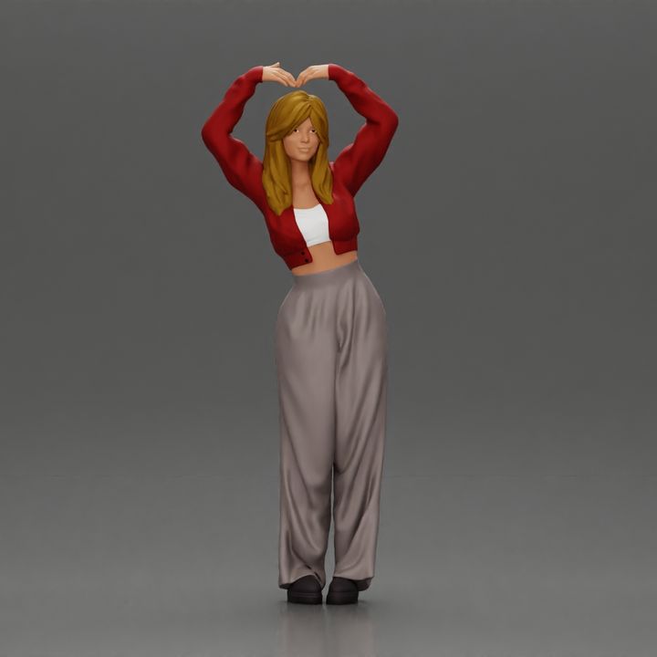 3D Printable Confident woman striking a heart-shaped pose with joyful ...