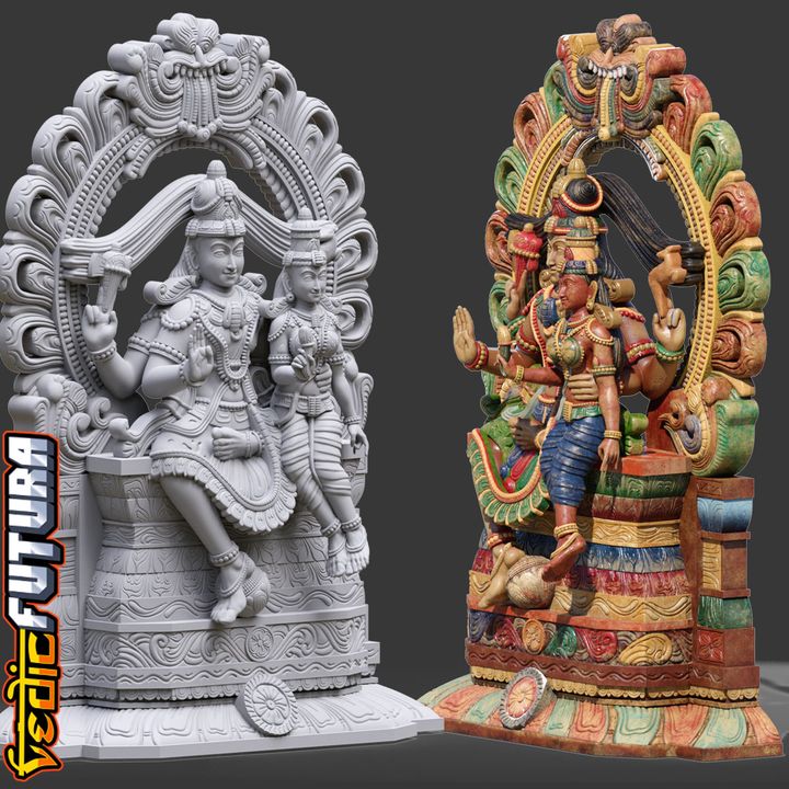 3D Printable Shiva-Parvati Seated Under Keerthimukha by VedicFutura