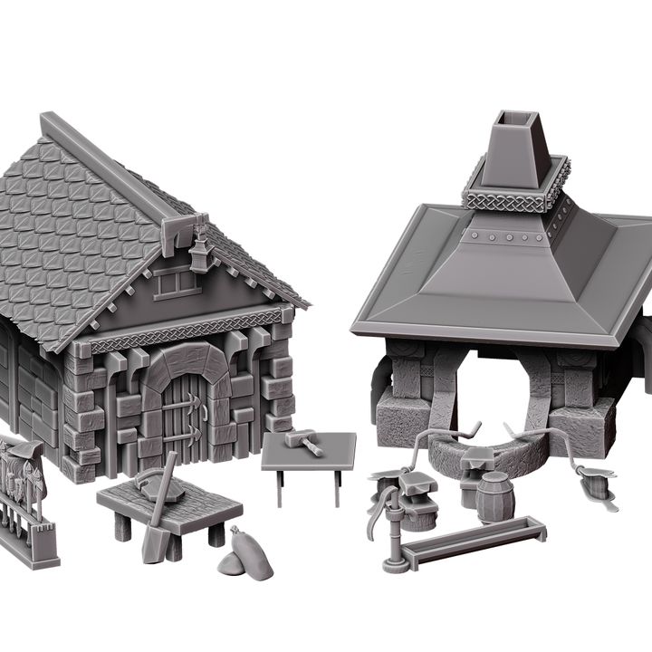 3D Printable Dwarven Forge with house by Empire Miniatures