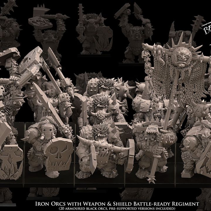 3D Printable Iron Orcs with weapon & shield Battle-Ready regiment (20 ...