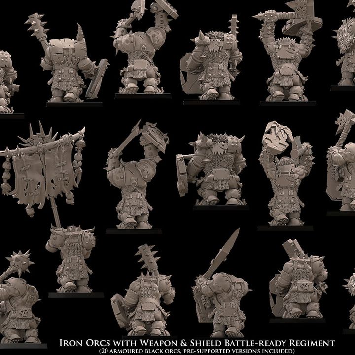 3D Printable Iron Orcs with weapon & shield Battle-Ready regiment (20 ...