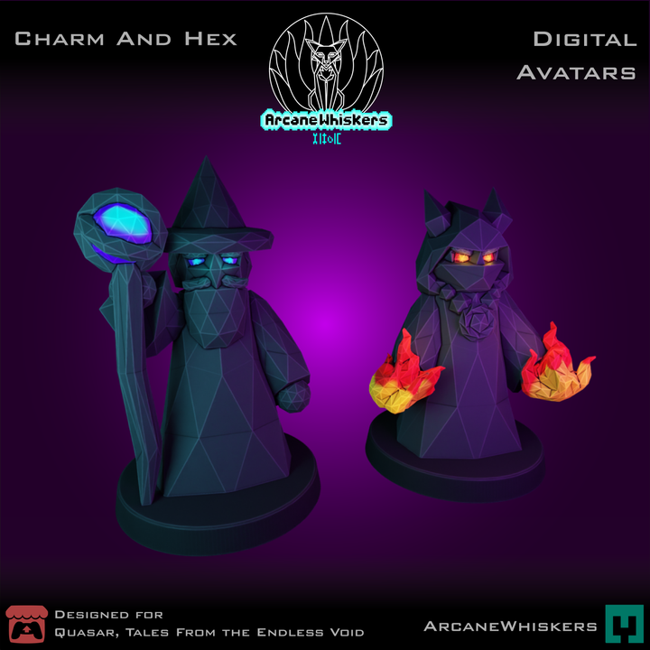 3D Printable Charm And Hex, Digital Avatars by Arcane Whiskers